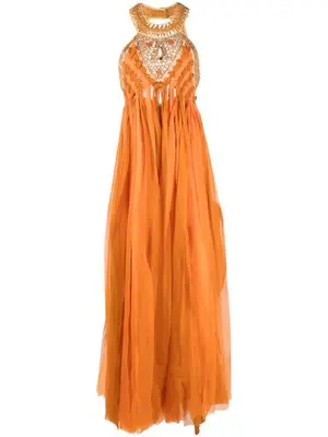 Alberta Ferretti Embellished Fringed Maxi Dress - Orange