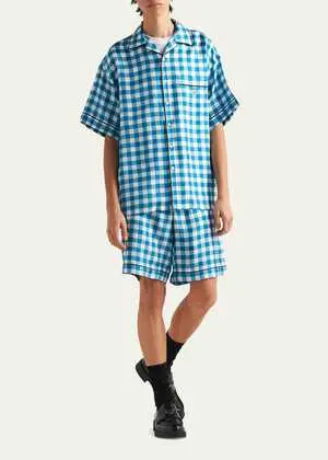 Prada Men's Silk Gingham Shorts Bianco Turchese