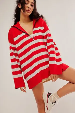 Free People Coastal Stripe Pullover Cherry Grey Combo