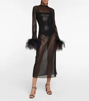 Oseree Lumière Feather Trim Midi Dress
