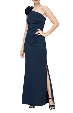 SL FASHIONS Floral Detail One-shoulder Gown - Navy