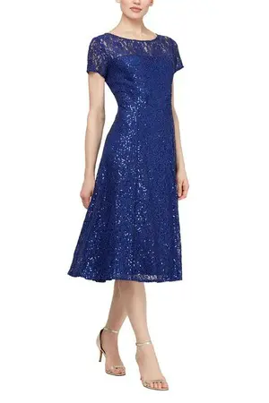 SL FASHIONS Cap Sleeve Metallic Lace Dress - Irs