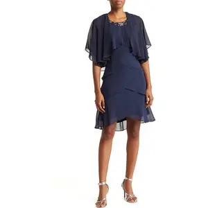 SL FASHIONS Chiffon Tier Jacket & Dress Set - Nav