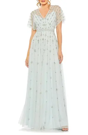 Mac Duggal Embellished Flutter Sleeve A-line Gown Mist