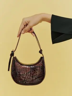 REFORMATION Mini Rosetta Leather Shoulder Bag Dark Brown Croc-effect