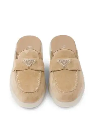 Prada Logo-plaque Suede Mules - Neutrals