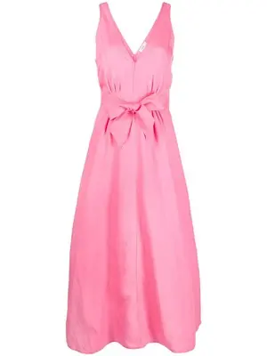 Closed Sleeveless V-neck Belted Dress