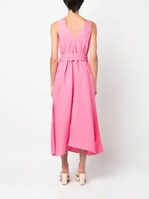 Closed Sleeveless V-neck Belted Dress