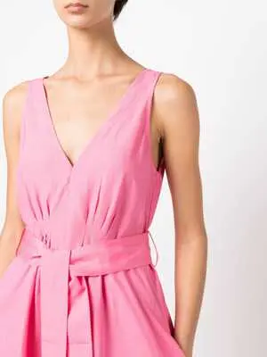 Closed Sleeveless V-neck Belted Dress