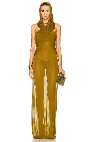 Saint Laurent Hooded Crepe Dress In Olive