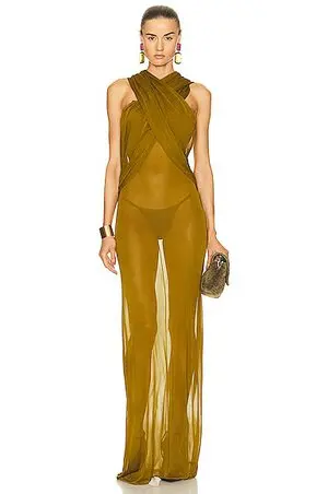 Saint Laurent Hooded Crepe Dress In Olive