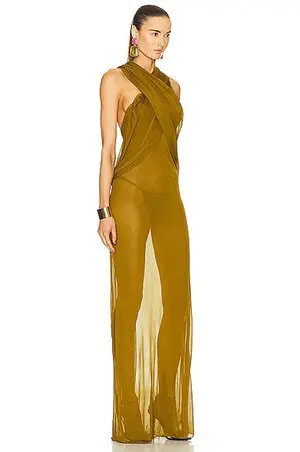 Saint Laurent Hooded Crepe Dress In Olive