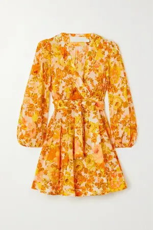 Zimmermann Raie Belted Floral-print Cotton-poplin Mini Wrap Dress Yellow