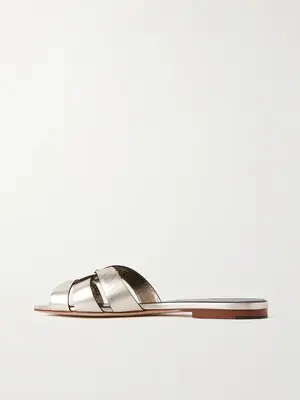 Saint Laurent Tribute Woven Metallic Leather Slides - Silver