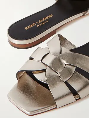 Saint Laurent Tribute Woven Metallic Leather Slides - Silver