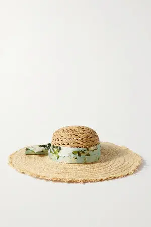 Erdem Floral-print Cotton-trimmed Raffia Sunhat - Neutrals