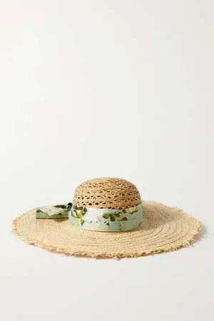 Erdem Floral-print Cotton-trimmed Raffia Sunhat Sand