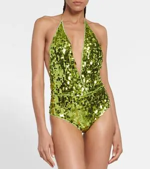 Oseree Sequined Halterneck Swimsuit - Green