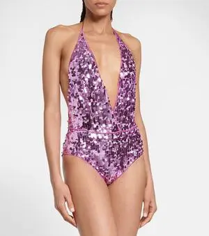 Oseree Sequined Halterneck Swimsuit - Purple