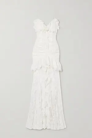 Alessandra Rich Embellished Ruffled Cotton-blend Lace Gown