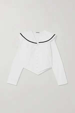 Batsheva Skipper Velvet-trimmed Cotton-poplin Blouse