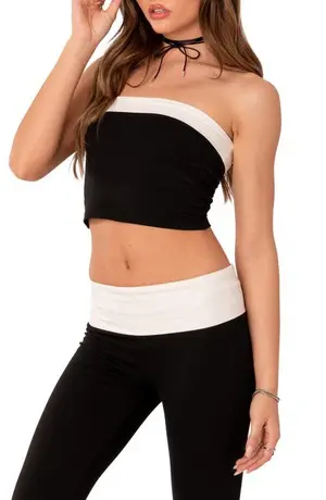 EDIKTED Contrast Trim Crop Tube Top - Black-and-white