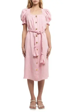 English Factory Puff Sleeve Linen Midi Dress - Pink