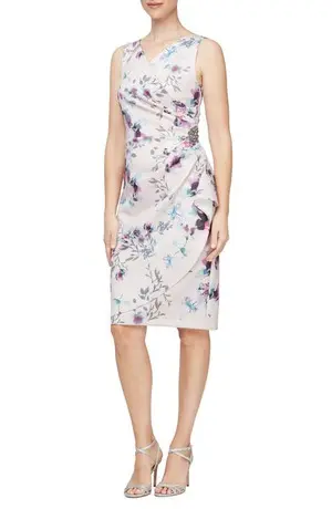 Alex Evenings Floral Side Ruched Cocktail Sheath Dress - Blush Multi