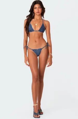 EDIKTED Didi Distressed Denim Side Tie Bikini Bottoms