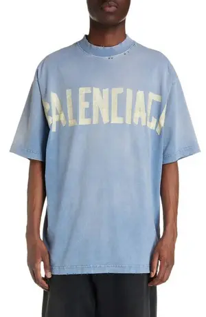 Balenciaga Tape Logo Cotton Graphic T-shirt Faded Blue