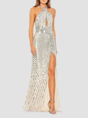 Mac Duggal Sequined Halterneck Gown - Silver