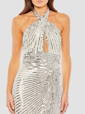 Mac Duggal Sequined Halterneck Gown - Silver