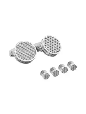 Tateossian Round Patterned Carbon Fiber Stud Set Silver