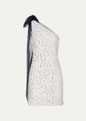 Halston Analise One-Shoulder Polka-Dot Mini Dress - Chalkblack