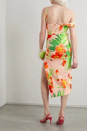 Carolina Herrera One-shoulder Draped Floral Midi Dress
