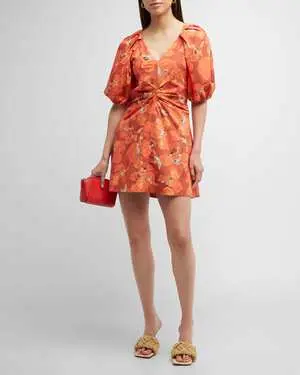 Tanya Taylor Lacey Puff-sleeve Sandwashed Cotton Mini Dress - Ginger Multi