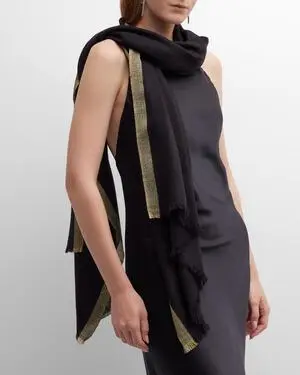 Bindya Metallic Stripe Evening Scarf With Eyelash Fringe - Black