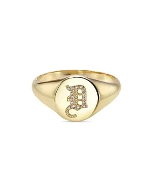 ZOE LEV 14k Yellow Gold Diamond Gothic Initial Signet Ring - D