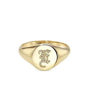 ZOE LEV Zoe Lev 14k Yellow Gold Diamond Gothic Initial Signet Ring E