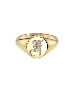 ZOE LEV Zoe Lev 14k Yellow Gold Diamond Gothic Initial Signet Ring F
