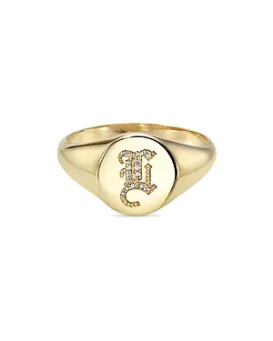 ZOE LEV Zoe Lev 14k Yellow Gold Diamond Gothic Initial Signet Ring L