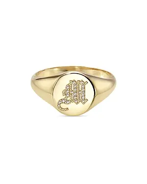 ZOE LEV Zoe Lev 14k Yellow Gold Diamond Gothic Initial Signet Ring M