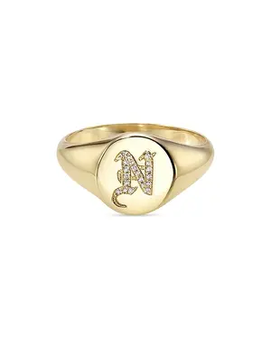 ZOE LEV Zoe Lev 14k Yellow Gold Diamond Gothic Initial Signet Ring N