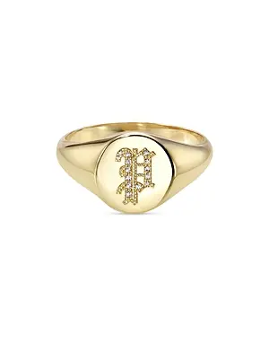 ZOE LEV Zoe Lev 14k Yellow Gold Diamond Gothic Initial Signet Ring P