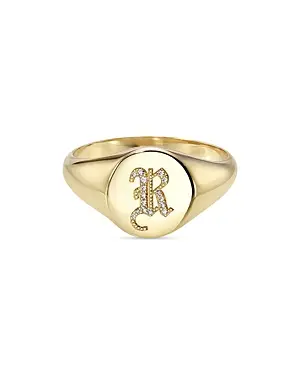 ZOE LEV Zoe Lev 14k Yellow Gold Diamond Gothic Initial Signet Ring R