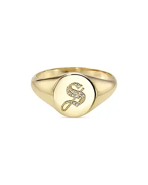 ZOE LEV Zoe Lev 14k Yellow Gold Diamond Gothic Initial Signet Ring S