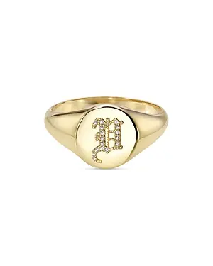 ZOE LEV Zoe Lev 14k Yellow Gold Diamond Gothic Initial Signet Ring V