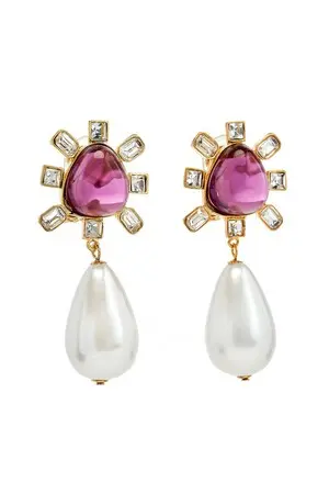 KENNETH JAY LANE Amethyst Center Pearl Drop Clip-on Earrings - Natural