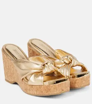 JIMMY CHOO Avenue Metallic Leather Wedge Sandals - Gold