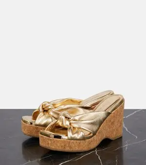 JIMMY CHOO Avenue Metallic Leather Wedge Sandals - Gold